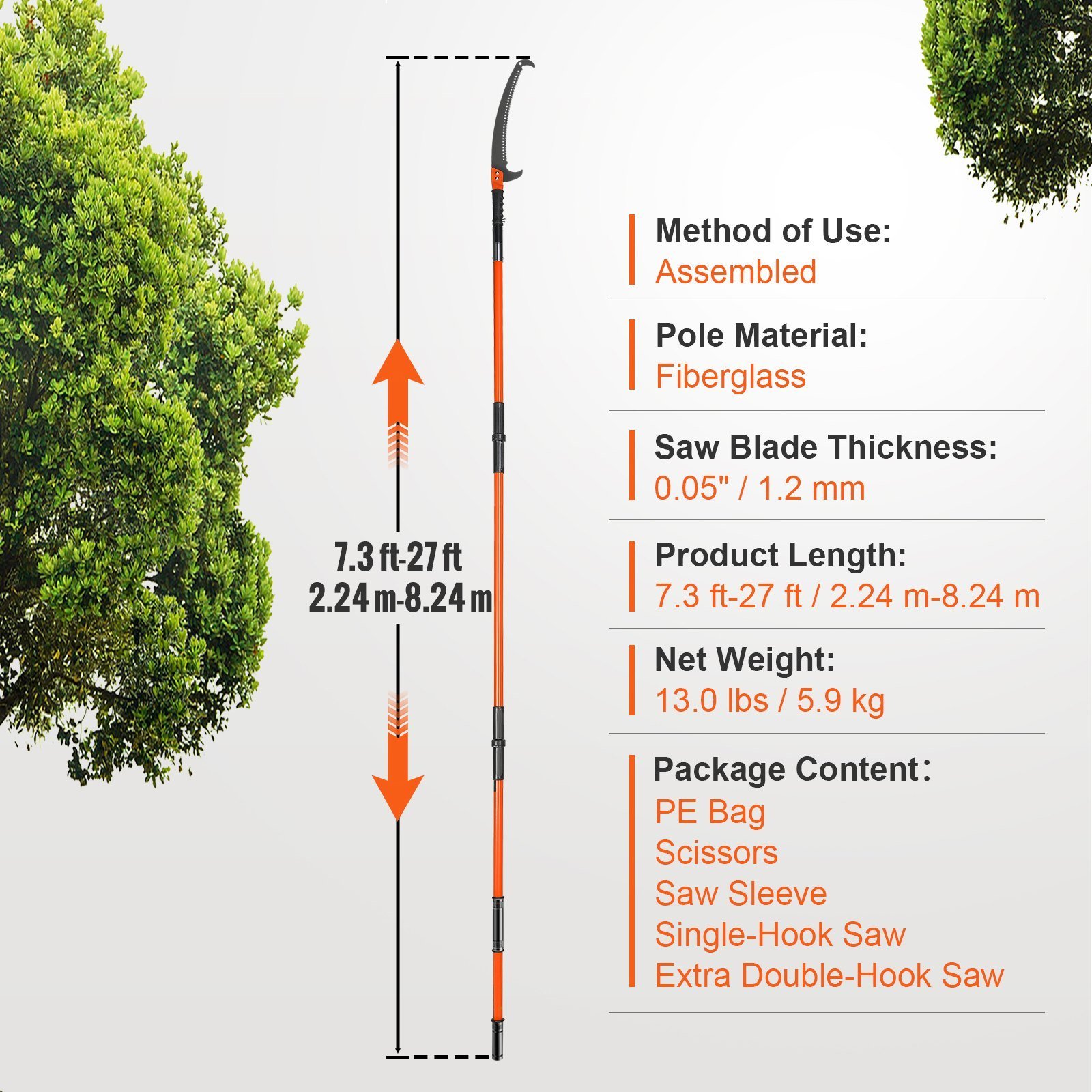 VEVOR Manual Pole Saw, 7.3-27 ft Extendable Tree Pruner, Sharp Steel Blade and